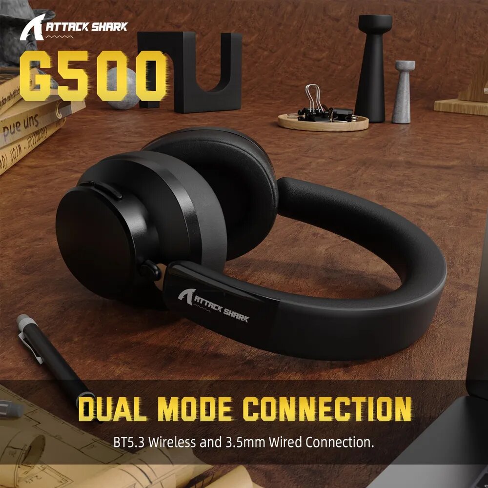 ATTACK SHARK Наушники с микрофоном, Bluetooth, 3.5 мм, черный матовый