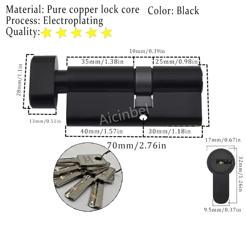 Цилиндр замка AiCinBel медный 60 мм T70-Black-40-Knob-C