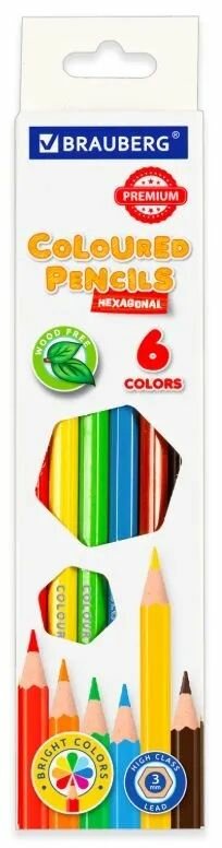 Карандаши цветные BRAUBERG PREMIUM, 6 цветов, шестигранные, грифель 3 мм