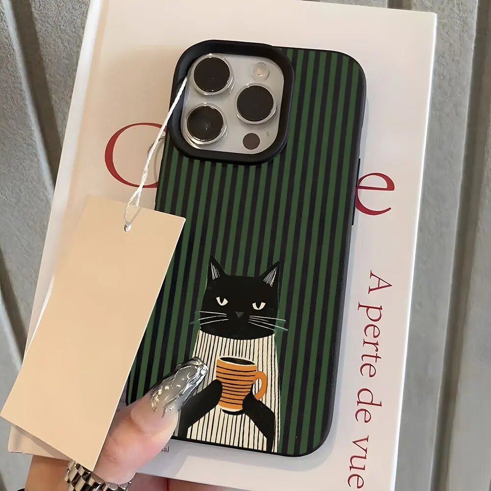 Забавный чехол для телефона с кошачьим принтом и узором личи, iPhone17 Про, Черный, Black-YYDSW5436