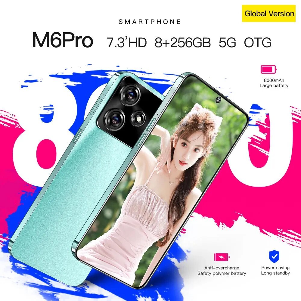 Смартфон M6Pro EU, 8+256GB, 7.3" HD, 5G, Зеленый, Nano-SIM