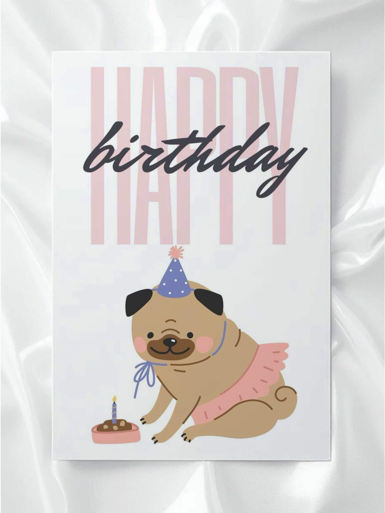Подарочная открытка "Happy Birthday" с мопсом , оригинальное поздравление на День рождения