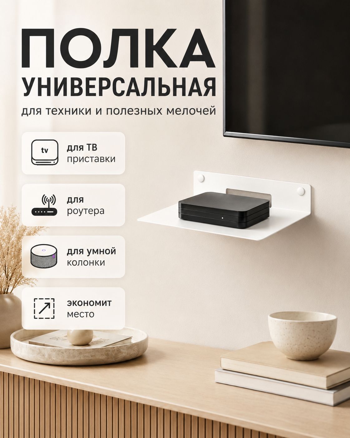 Полка настенная для ТВ-приставки, WiFi роутера и умной колонки, металлическая 20х15 см, белая