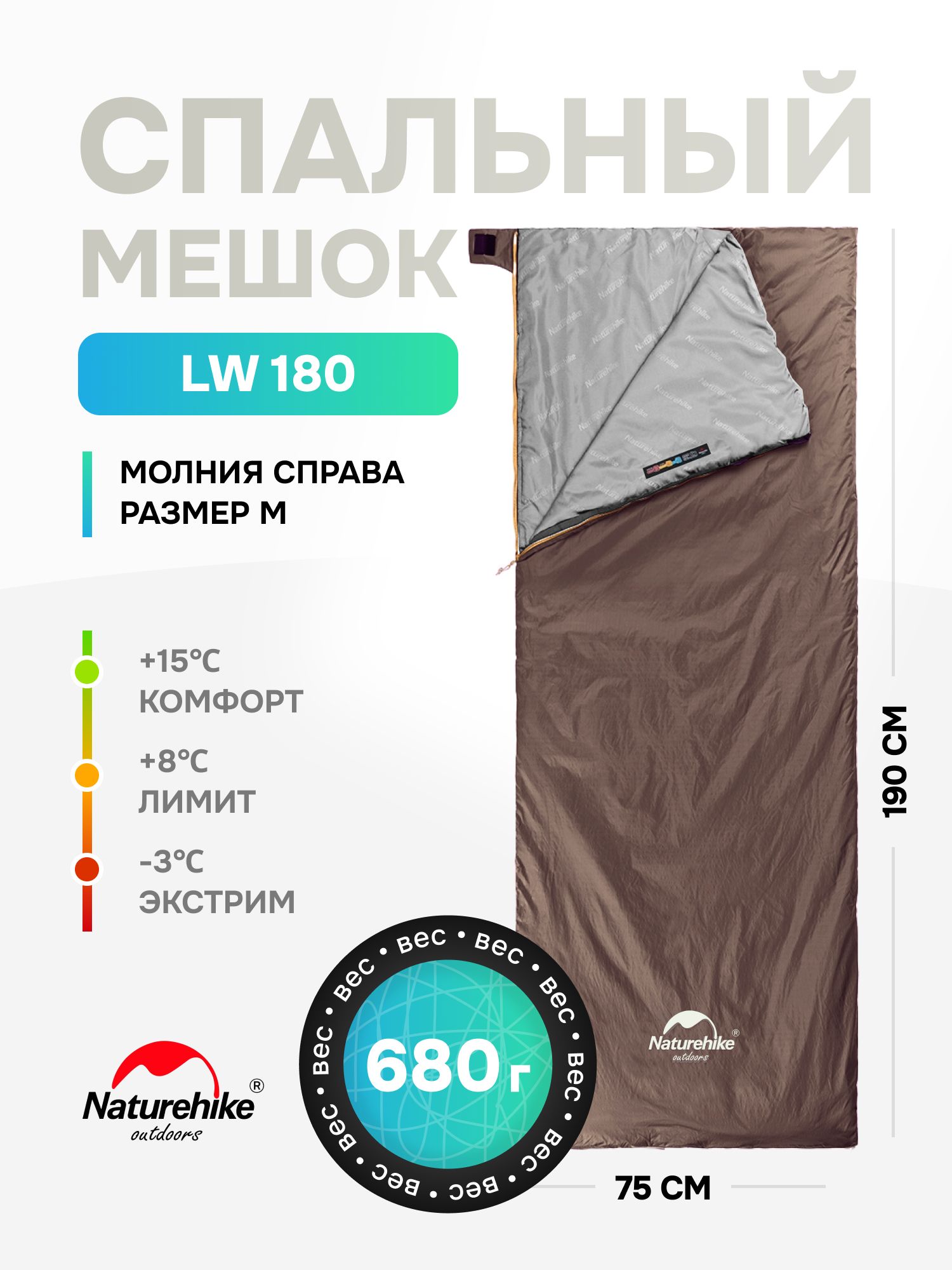 Спальный мешок туристический летний Naturehike LW180, M, 190х75 см, коричневый, молния справа