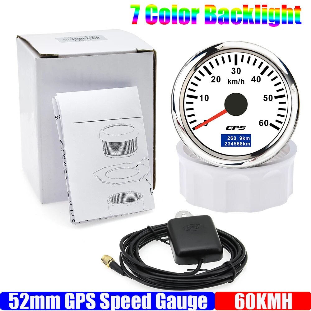 30-120KMH 52 мм GPS-спидометр с антенной 60KMH Измеритель скорости 7-цветная подсветка Одометр для автомобиля, морской лодки, 12V24V Custom 60KMH WS