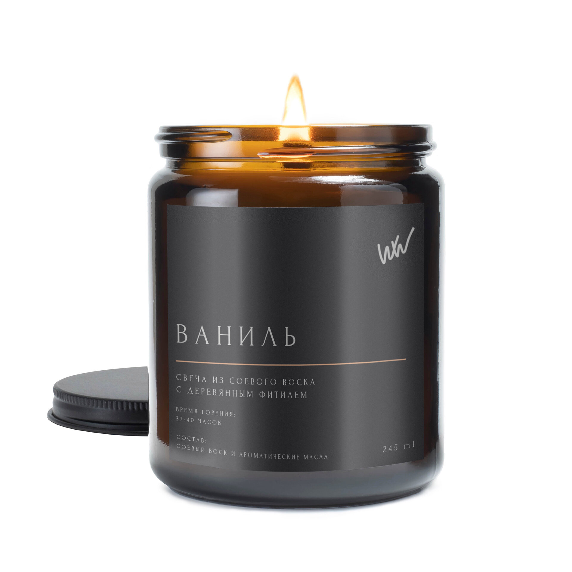 Свеча ароматическая WHALEWAY "Ваниль", соевый воск/деревянный фитиль, 245 ml