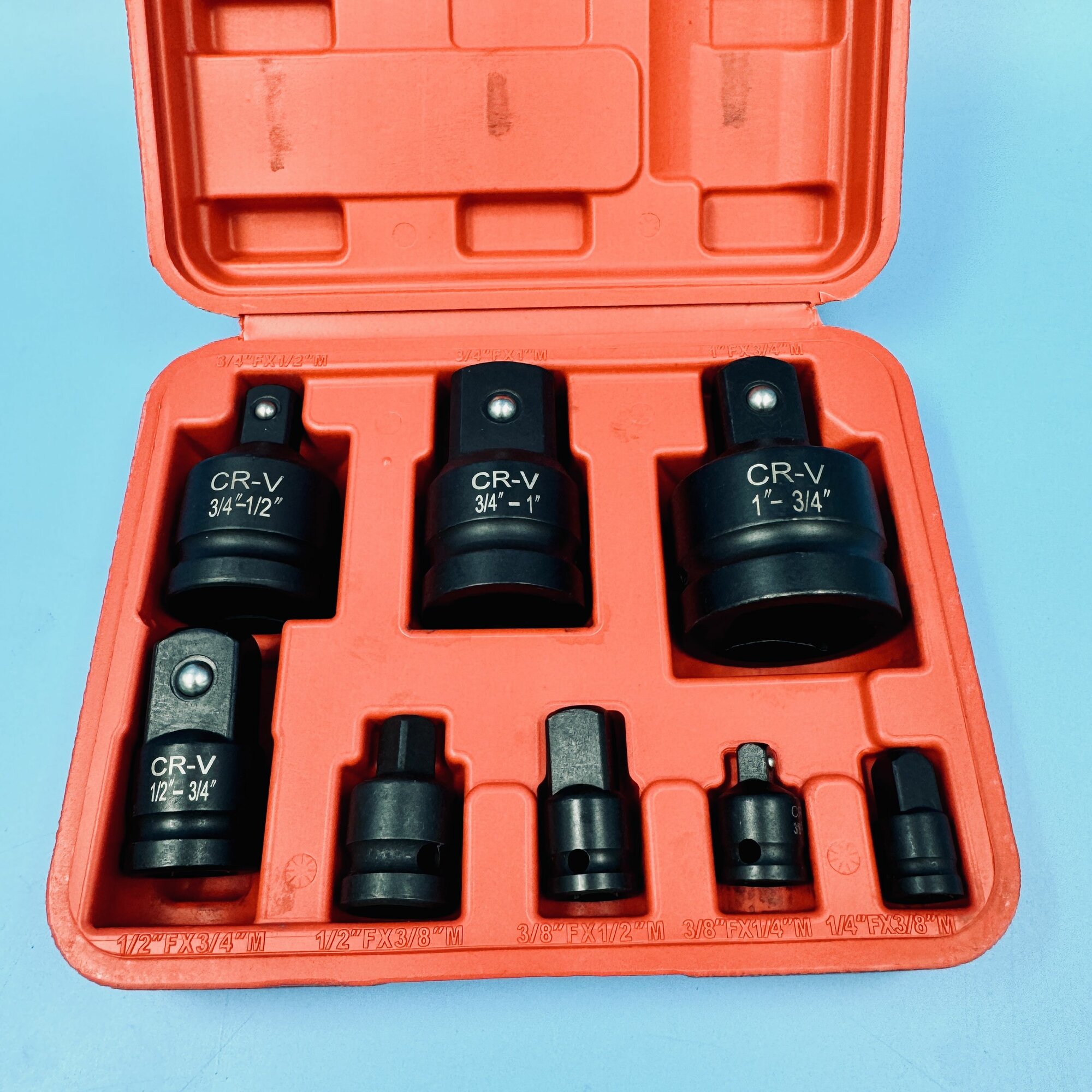 Набор ударных переходников и адаптеров для гайковёрта, трещотки и воротка 8 предметов, размеры 1/2, 1/4, 3/4, 3/8