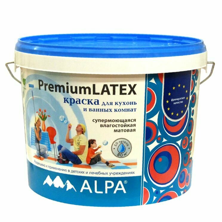 Краска для кухни и ванной комнаты ALPA PremiumLatex (база A) 2 л белая.