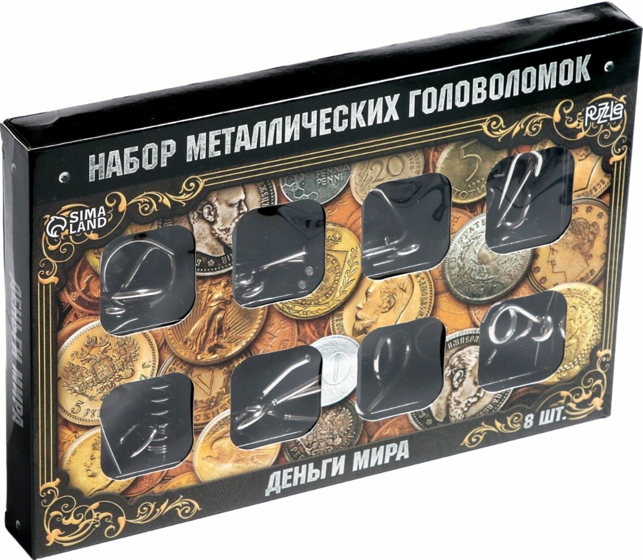 Развивающая игра "Деньги мира" на логику и эрудицию, головоломка две металлические петли, набор 8 штук, уровень сложности 3