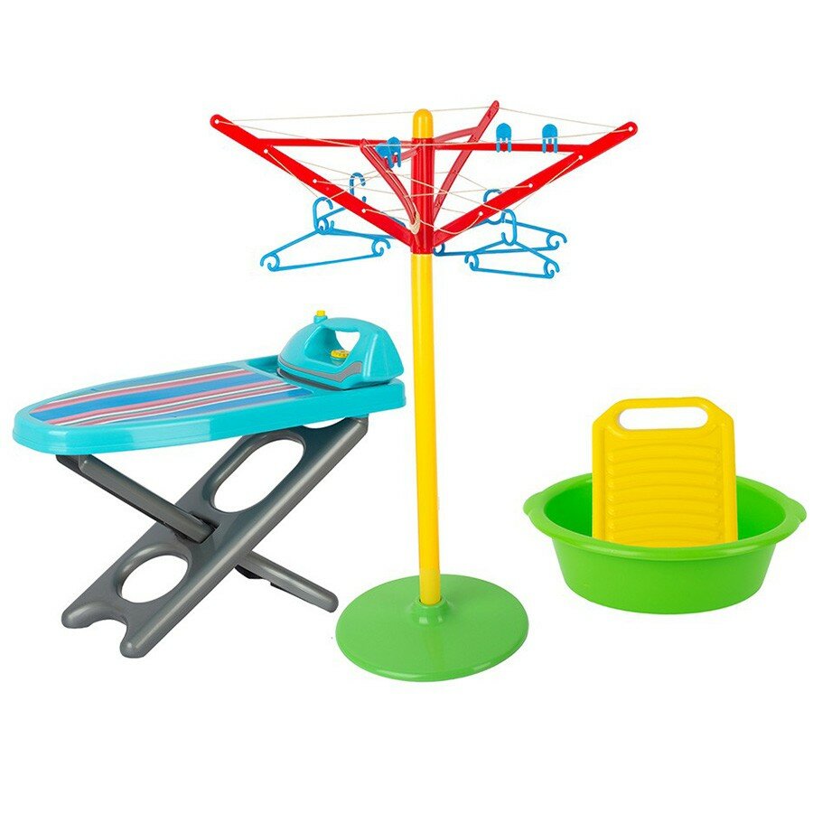 Игровой набор "Золушка № 3" 6 предметов + прищепки и вешалки / набор для глажки и сушки детский / пластик, для детей от 3 лет