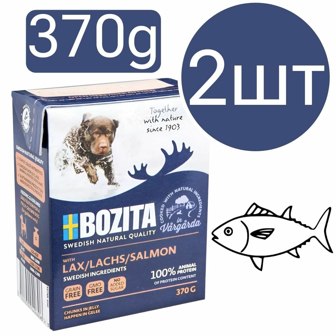 Влажный корм для собак BOZITA , кусочки в желе со вкусом лосося (2шт по 370г)
