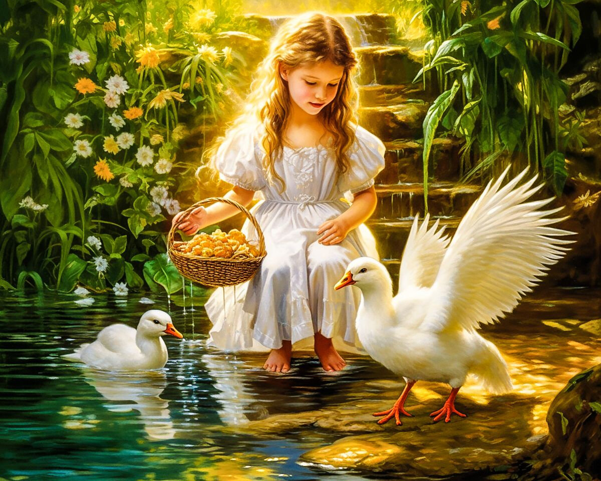 Картина по номерам девочка и гуси 40х50