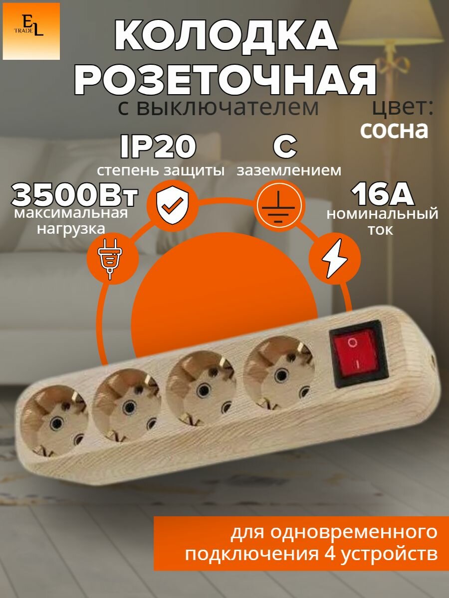 Колодка электрическая 4 гнезда розеточная (2П, с заземлением, с выключателем, 16А, 250В, сосна, Эко, IP20)