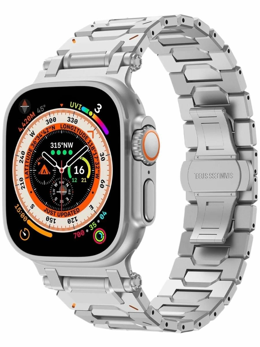 Премиальный блочный ремешок для Apple Watch 42 / 44 / 45 / 46 / Ultra 49 mm Silver