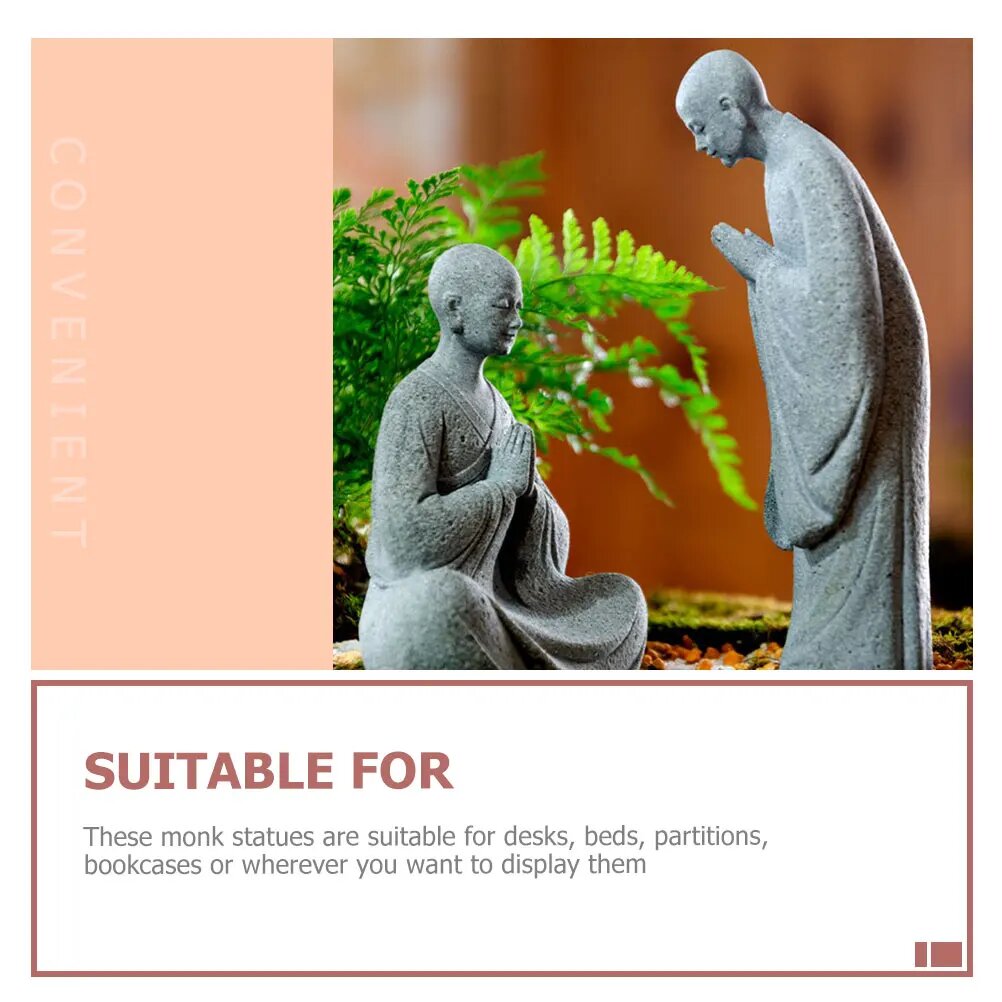 2 шт, украшения монаха желаний, серые стоячие сидячие мини-фигурки, каменные статуи для аквариума, настольный сад, домашний бонсай