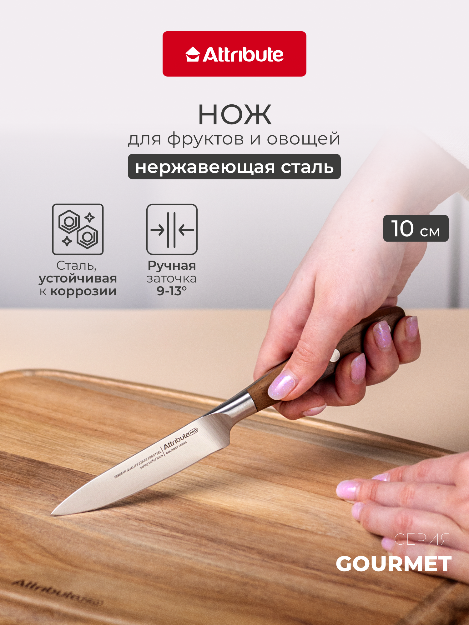 Нож для фруктов и овощей ATTRIBUTE "GOURMET" 10см, нержавеющая сталь/дерево