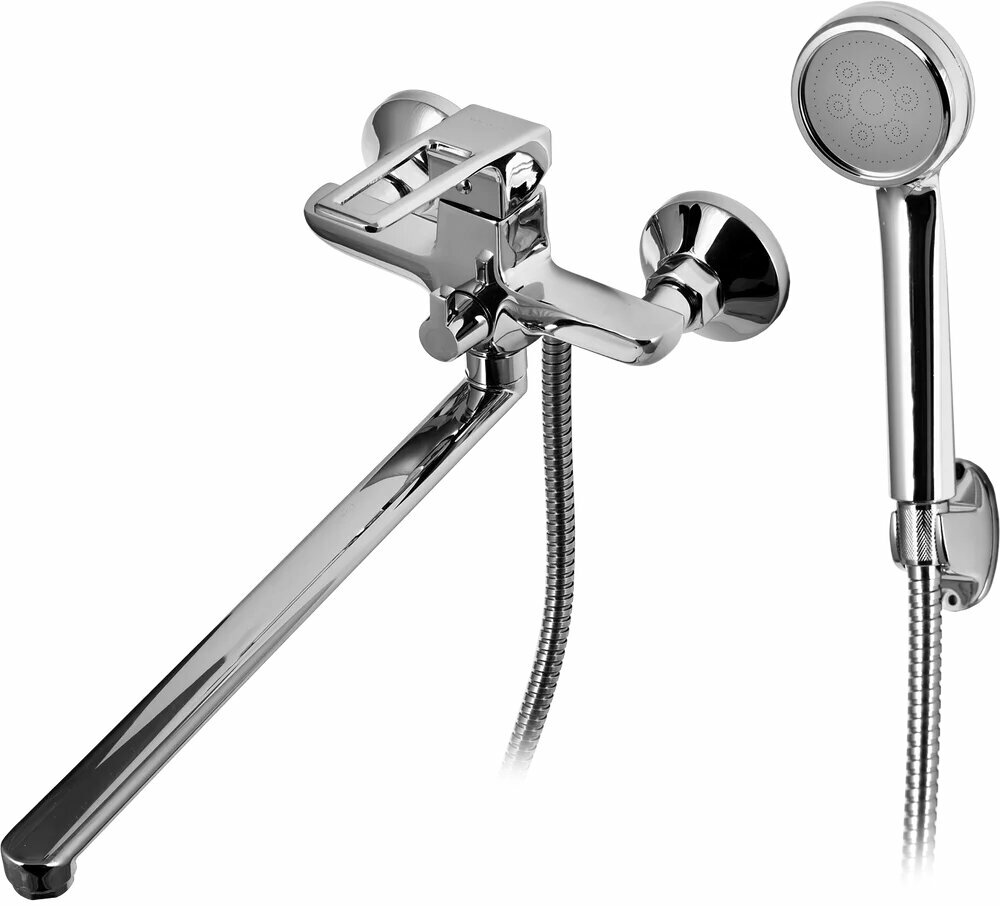 Смеситель с длинным изливом для ванны Wisent WP22154 с душевым гарнитуром, поворотный, металлический, хром, глянцевый, смеситель для ванны с душем, рычажный, с настенным держателем