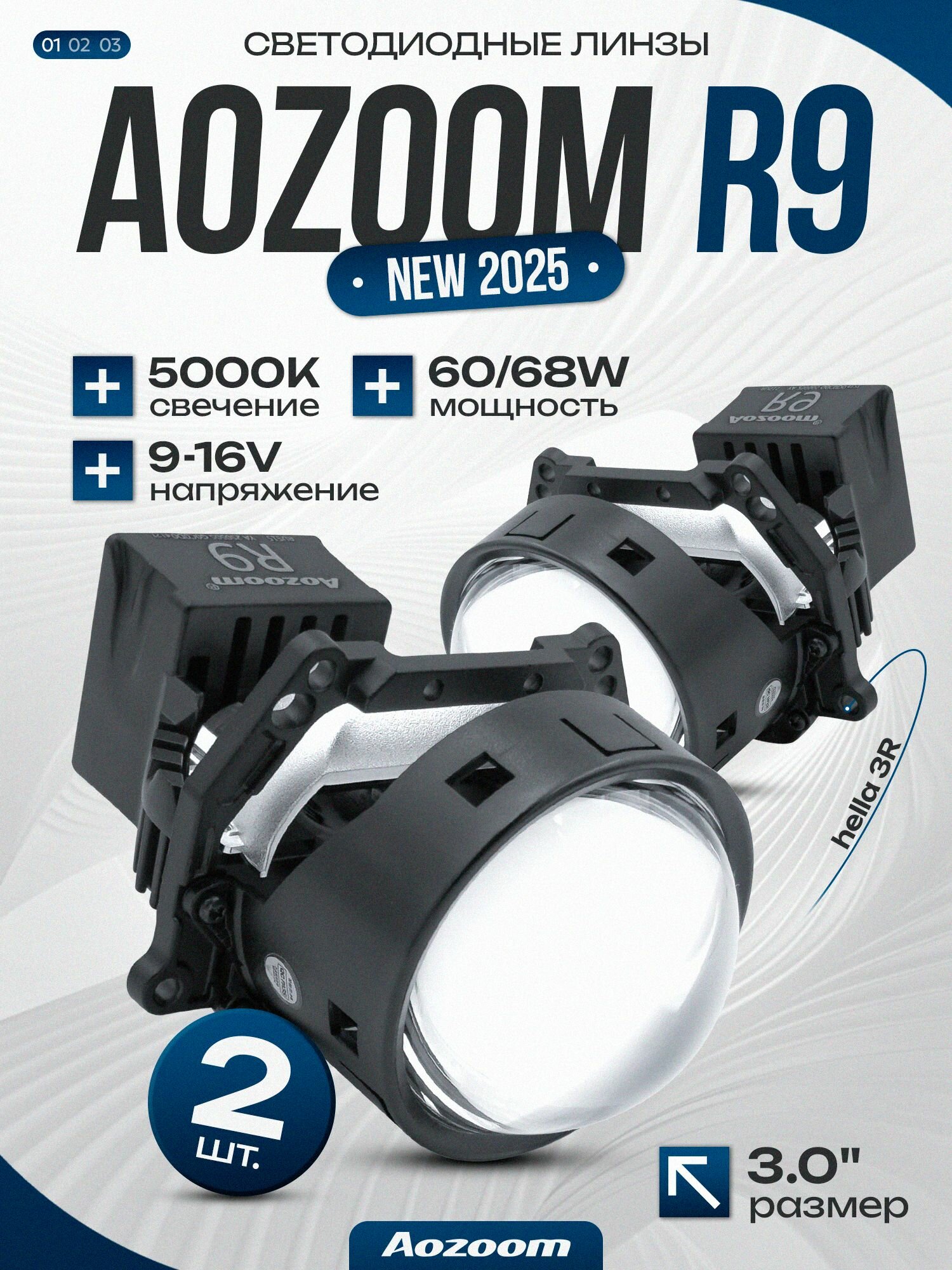 Светодиодные BI LED линзы в фары Aozoom R9 3.0 дюйма 2025