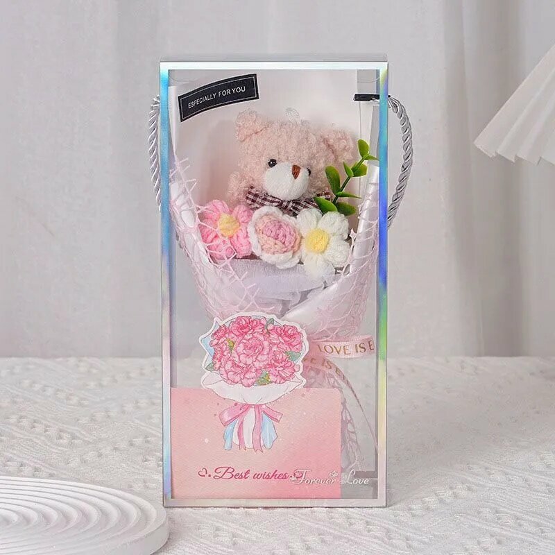 Подарочный набор букет из плюшевого мишки и вязаных роз крючком ручной работы в коробке