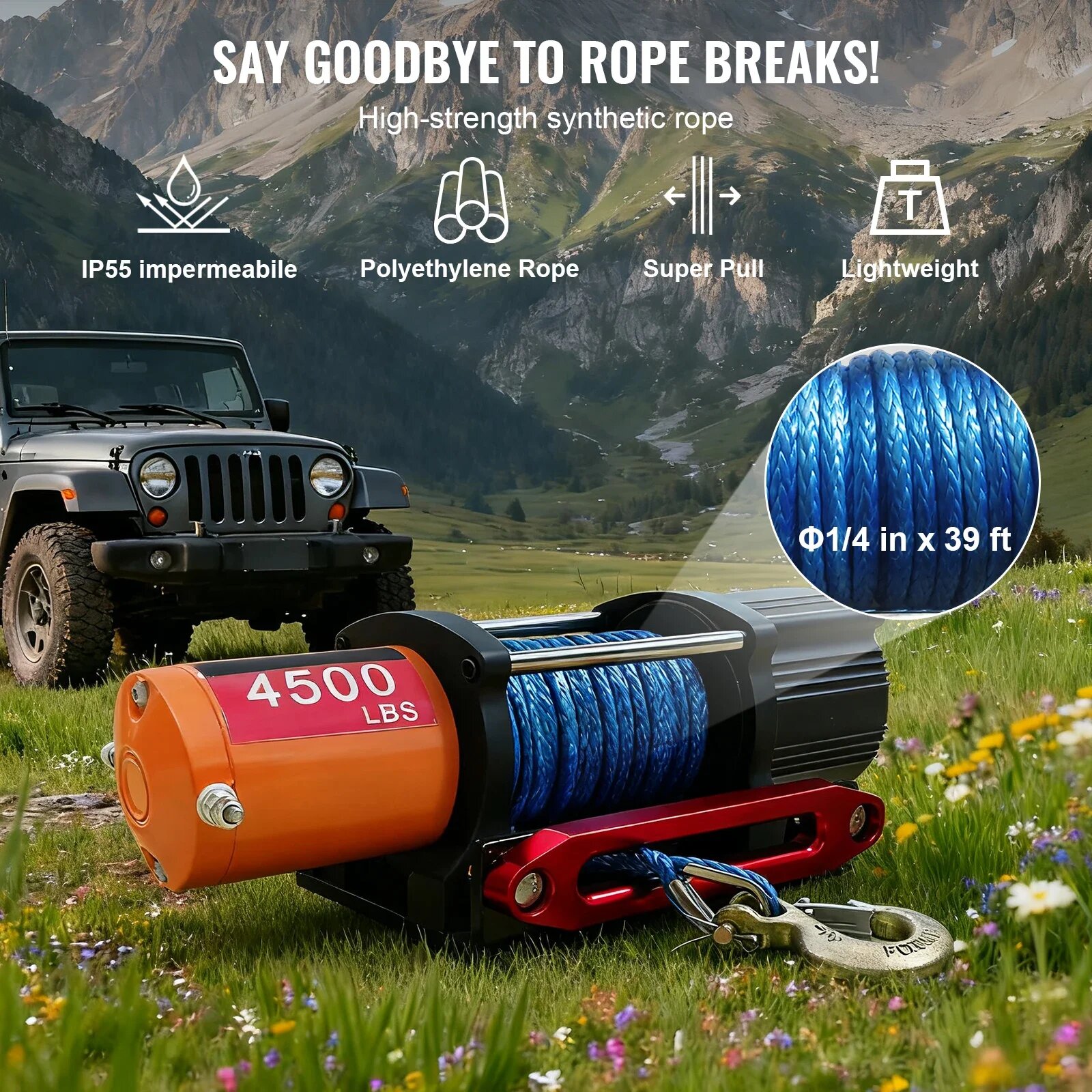 Электрическая лебедка грузоподъемностью 4500 фунтов, 12 В, с синтетическим тросом и пультом дистанционного управ