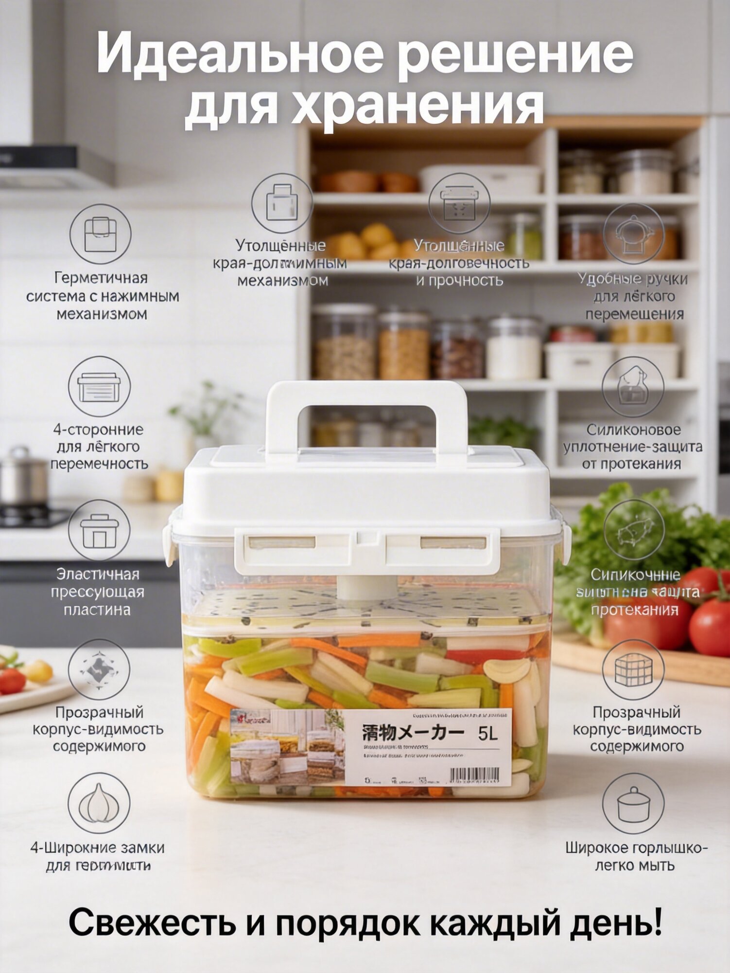 Контейнер для засолки с прессом, 5л, бесцветный, разъемный, пластик