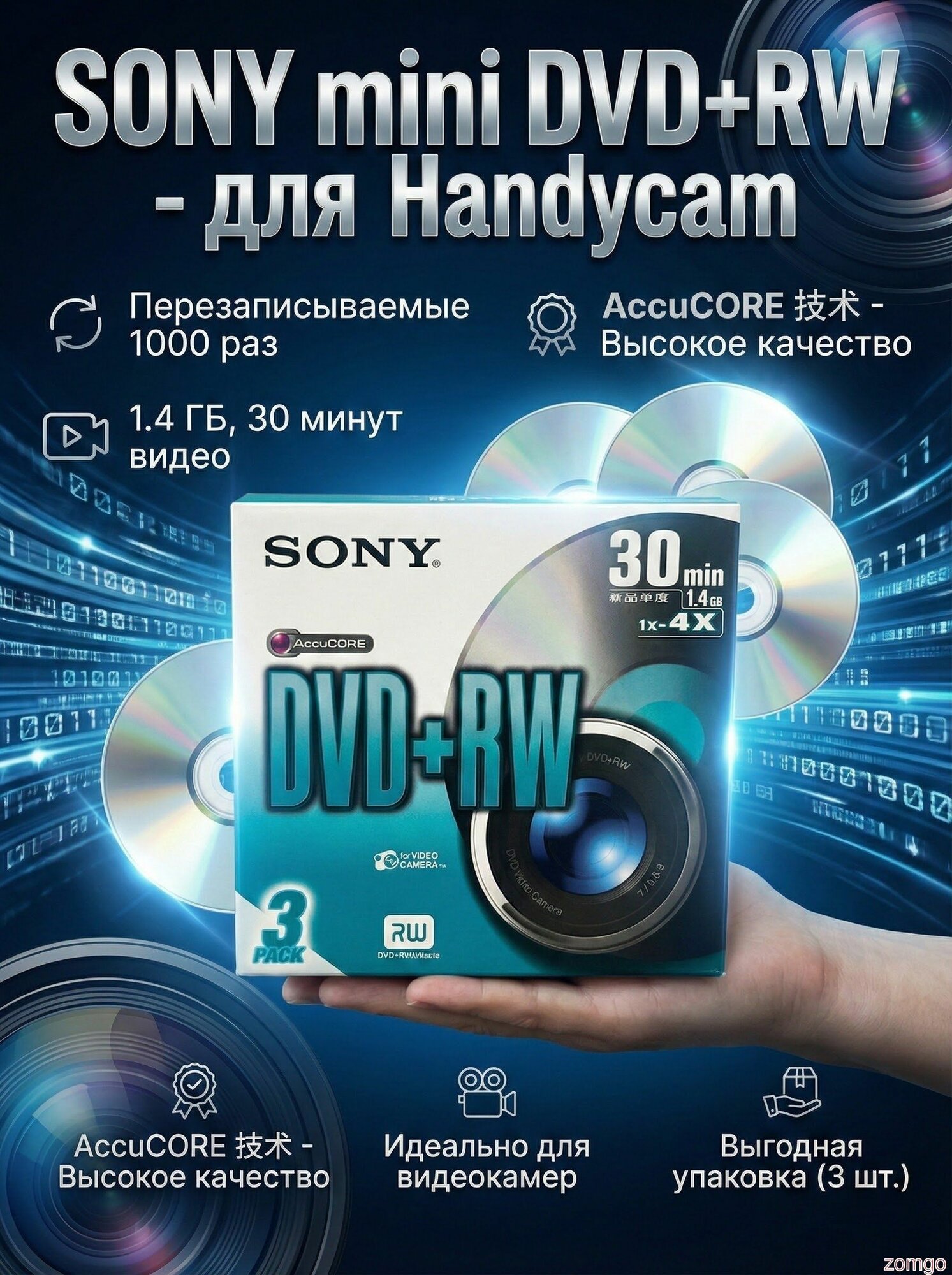 Диск mini DVD+RW 8 см, 1.4 ГБ, 4x, перезаписываемый, до 30 минут видео
