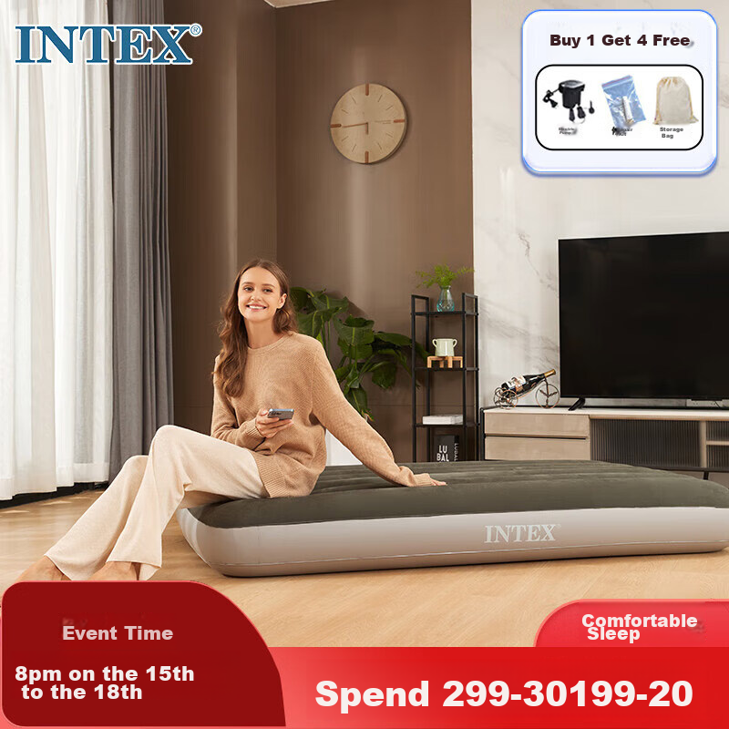 INTEX 64107 Надувной одноразмерный большой матрас с электронасосом для отдыха на природе Цвет：99*191*25 см Одноместный