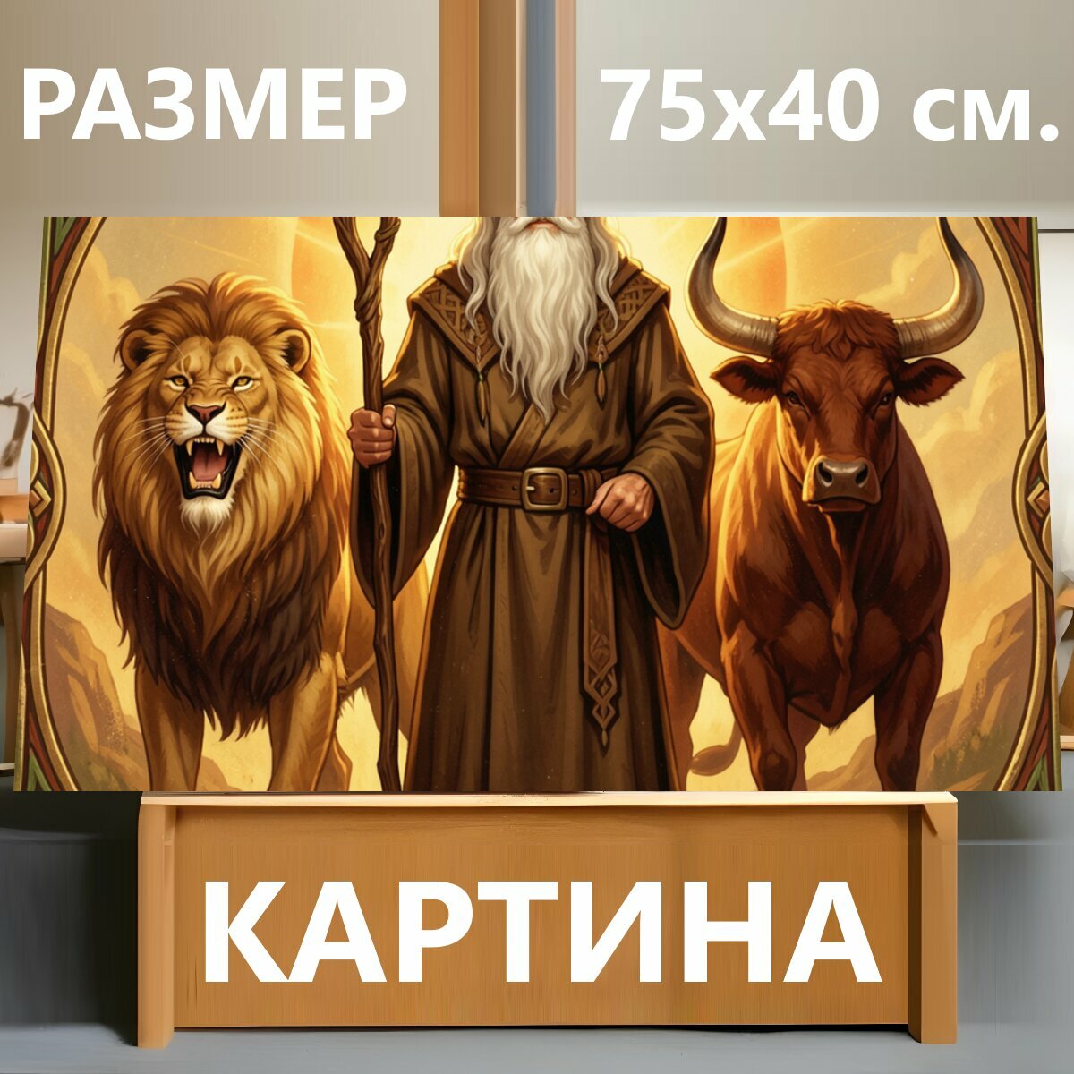 Картина на холсте "Мудрец с львом и быком. Эпический фэнтези-сюжет: седовласый старец с посохом между грозным львом и могучим быком, сияние." на подрамнике 75х40 см. для интерьера