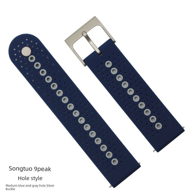 Suunto 9 Peak 22 мм средне-голубая силиконовая браслет с серебряной пряжкой, серые перфорированные отверстия