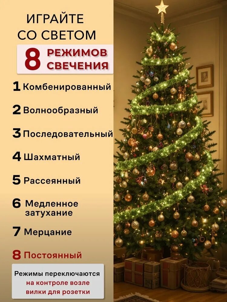 Гирляндыч Электрогирлянда интерьерная Роса Светодиодная 200 ламп, 20 м, питание От сети 220В, 1 шт