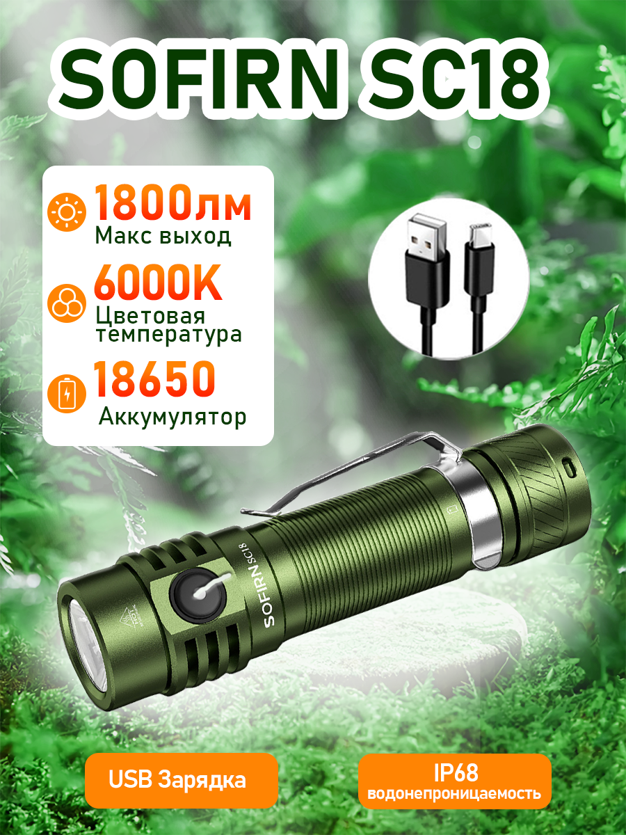 Sofirn SC18 1800лм SST40 6000K холодный белый фонарик ручной фонарь