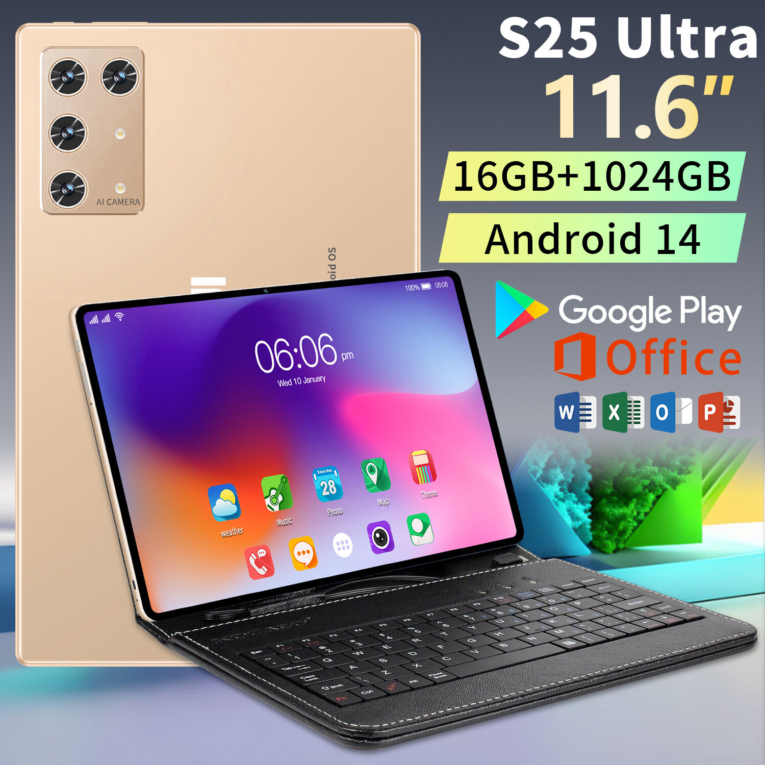 Игровой планшет S25 Ultra A-GPS 5G, IPS, 144Гц, 2Sim, 1024Гб, золотисто-чёрный