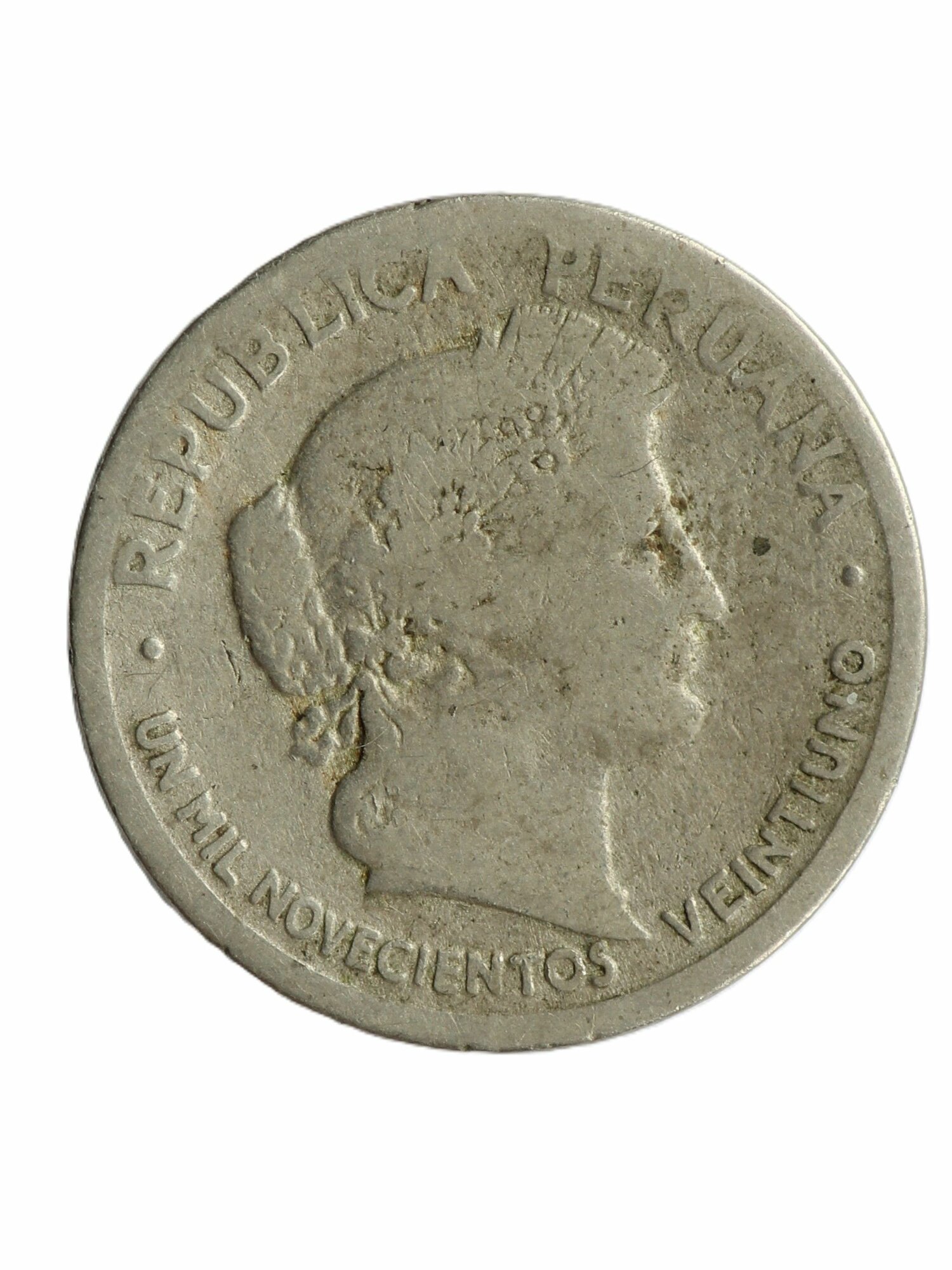 Подлинная монета Перу 10 сентаво 1921 года медно-никелевый сплав