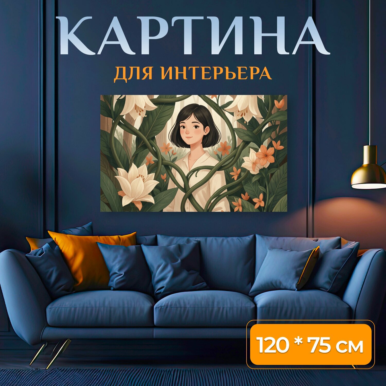 Картина на холсте "Девушка среди лесных цветов. Нежная иллюстрация в тёплой пастельной гамме: юная брюнетка среди густой зелени, крупных белых." на подрамнике 120х75 см. для интерьера