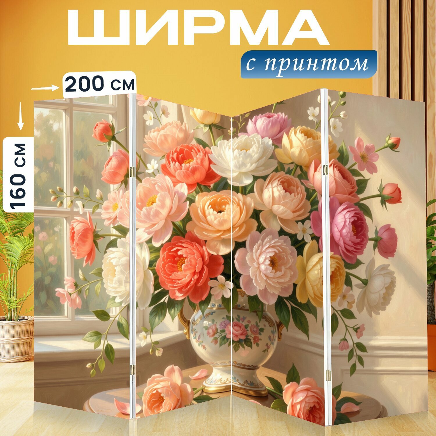 Ширма "Букет пионов у окна. Нежная интерьерная композиция с пышными цветами в фарфоровой вазе, солнечный свет." перегородка для зонирования комнаты с принтом 200x160 см. на холсте