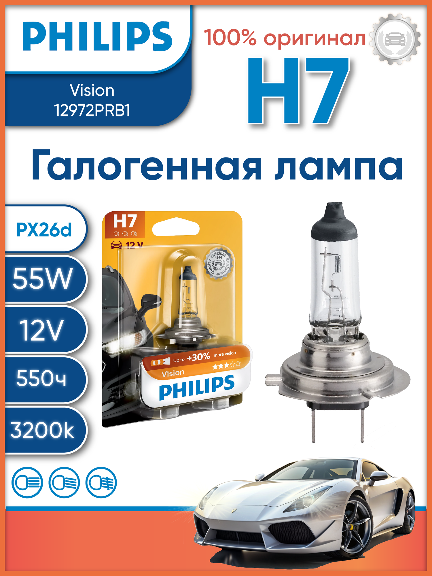 Лампа Philips LED H7 55W (PX26d) 12V- 12972PRB1 (блистер 1шт)