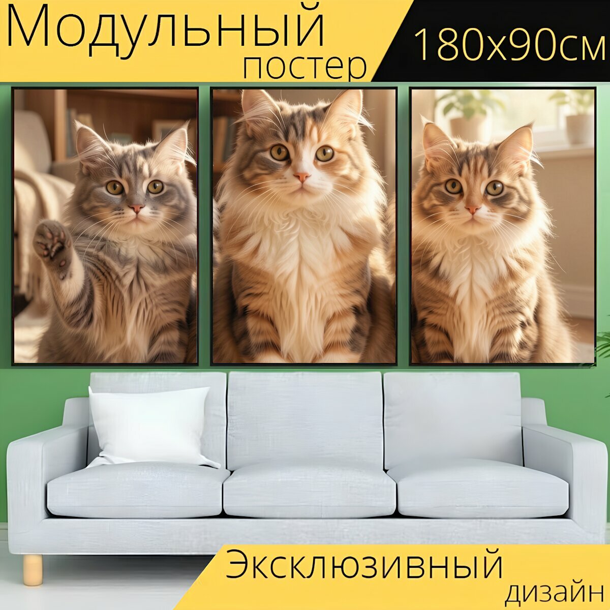 Модульный постер "Три пушистых кота в интерьере. Теплая уютная сцена с тремя длинношерстными котами в солнечной комнате: мягкий." 180 x 90 см. для интерьера на стену в тубусе