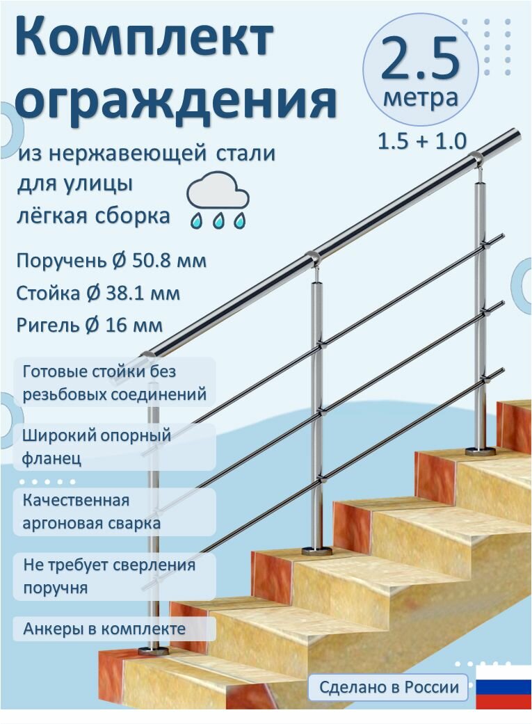 Перила для лестницы натеко, составное ограждение лёгкая сборка 2.5 м. из Нержавеющей Стали AISI 304, поручень 50.8 мм, из нержавейки для Улицы