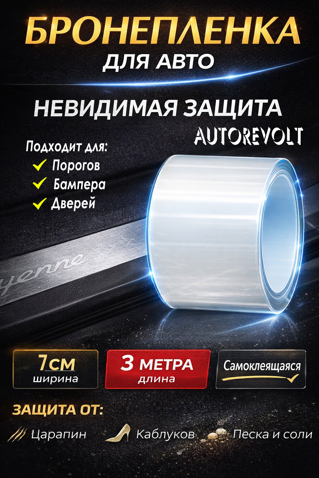 Защитная антигравийная бронепленка 7см х 3м от сколов и царапин на автомобиль прозрачная самоклеющаяся 7 см на 3 метра / пленка для защиты кузова автомобиля