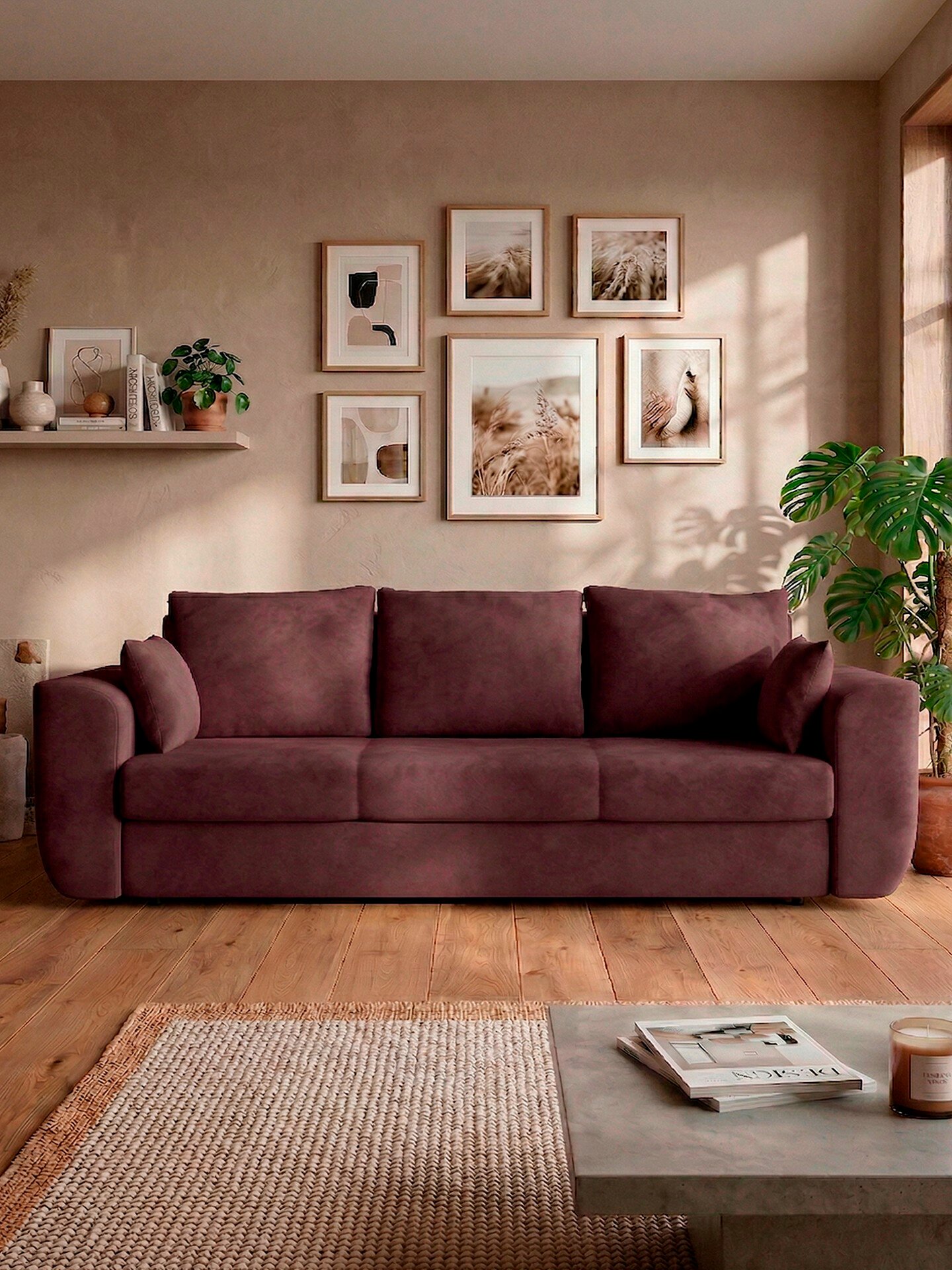 Диван Стемфорд Лайт Velutto 15 NOW 230x94x80 см, бордовый Велютто, еврокнижка Фиеста