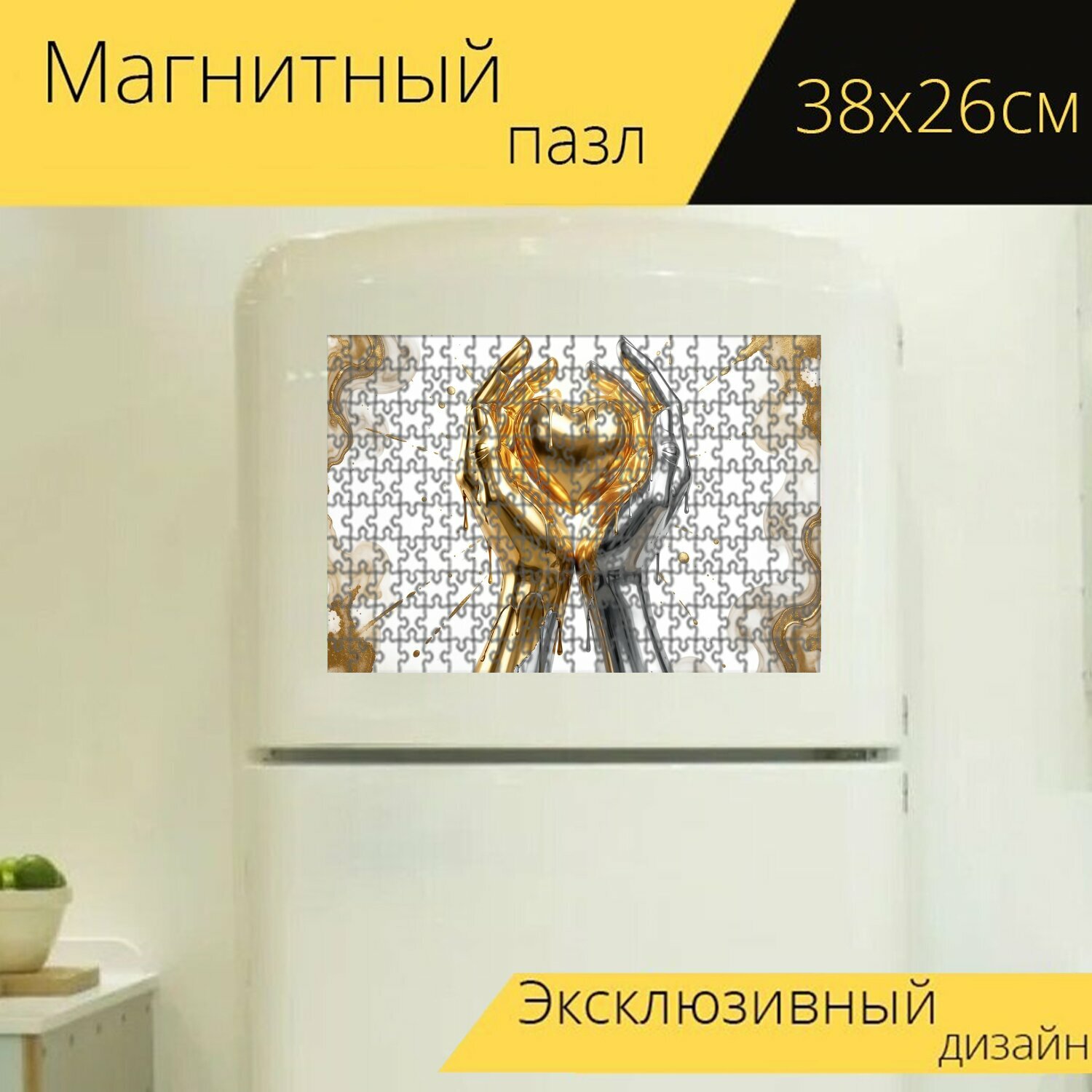 Магнитный пазл "Золотое сердце в руках. Абстрактная композиция с металлическими ладонями в золотом и серебряном оттенках, держащими блестящий символ любви." для интерьера, 38х26 см.