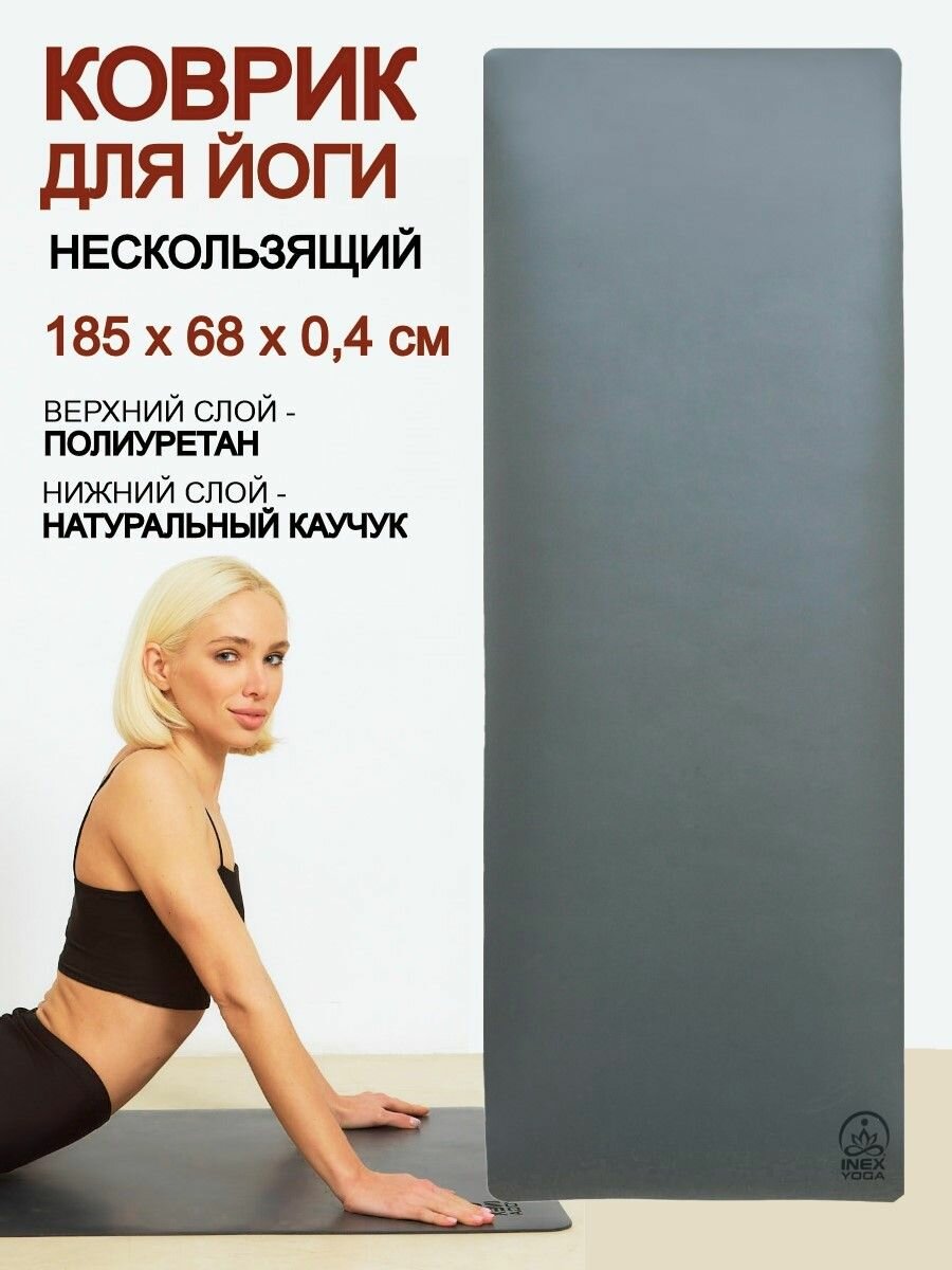 Коврик для йоги INEX Yoga PU Mat полиуретан, цвет темно-серый, 185х68х0,4 см.