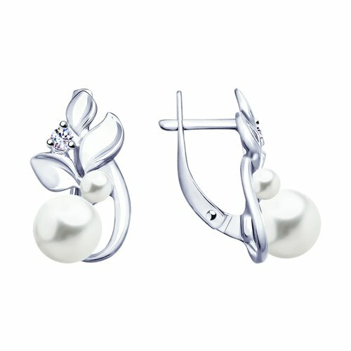 Серьги, серебро, 925 проба, родирование, фианит, жемчуг имитация
