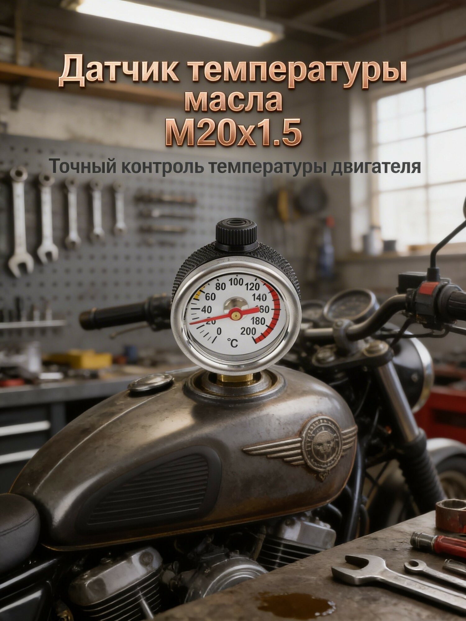 Датчик температуры масла для мотоцикла M20x1.5, крышка заливной горловины с указателем температуры 0-200°C металл черный серебристый