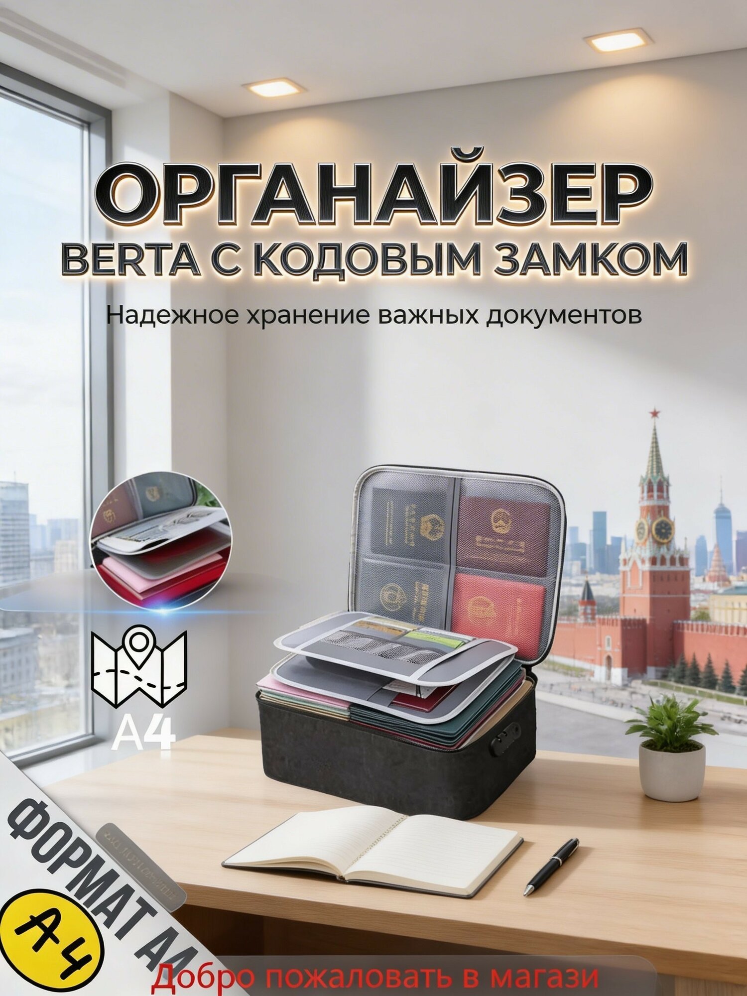 Черный органайзер для хранения документов A4 с кодовым замком BERTA, 5-слойная сумка-папка на молнии для дома, офиса и путешествий