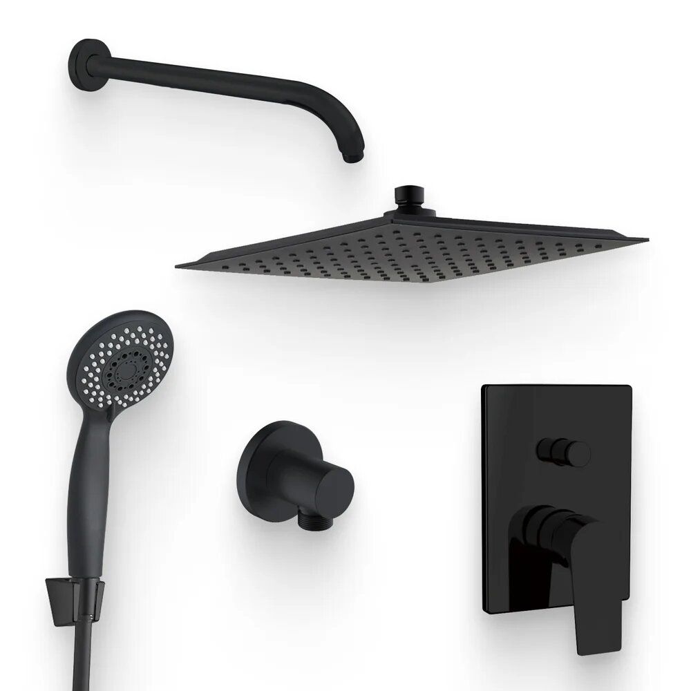 Душевой комплект Смеситель Aquanet Static AF330-51B С внутренней частью, чёрный / Душевая лейка AF000-07B чёрная матовая / Подключение AF330-92B чёрное матовое, Душ AF330-84-S250B черный матовый, Кр