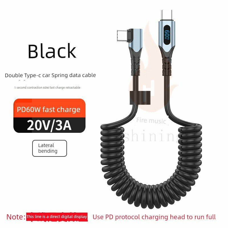 Истинный цифровой дисплей, ретрактабельный автомобильный кабель, USB-C в USB-C, 60 Вт быстрой зарядки, черный, боковой