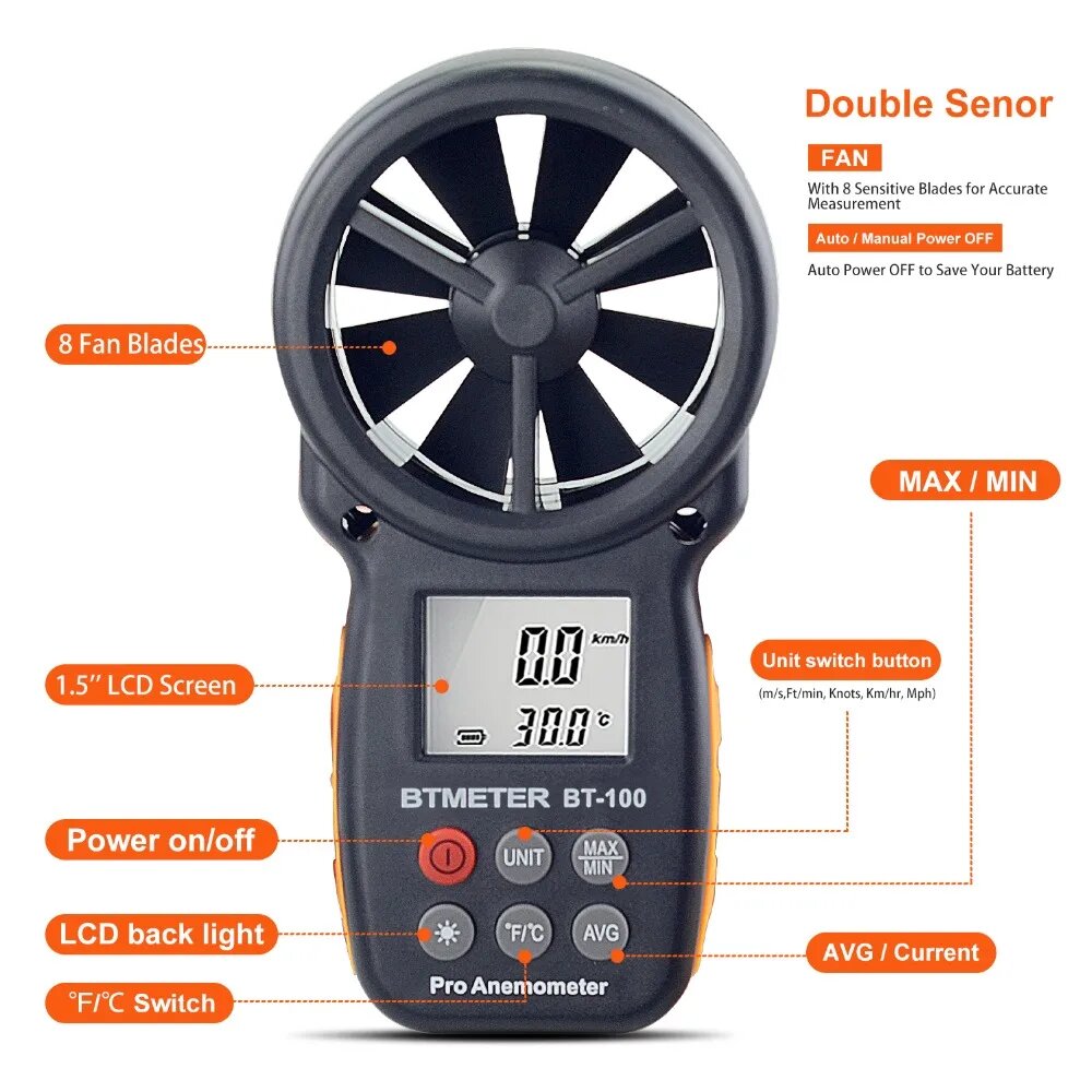 BTMETER BT-100 Цифровой Анемометр