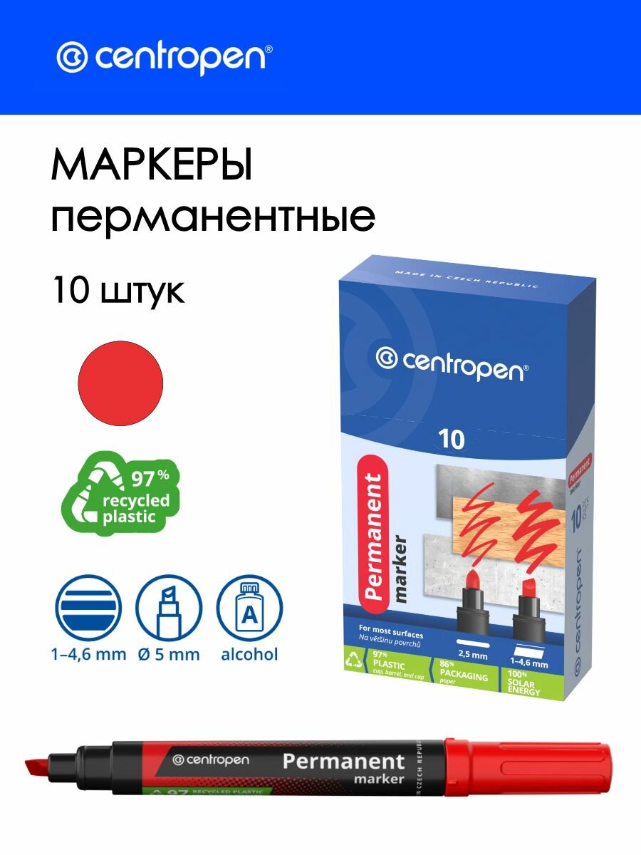 Centropen PERMANENT маркер перманентный, перо скошенное 1-4,6 мм, упаковка 10 штук, Красный 8576/1