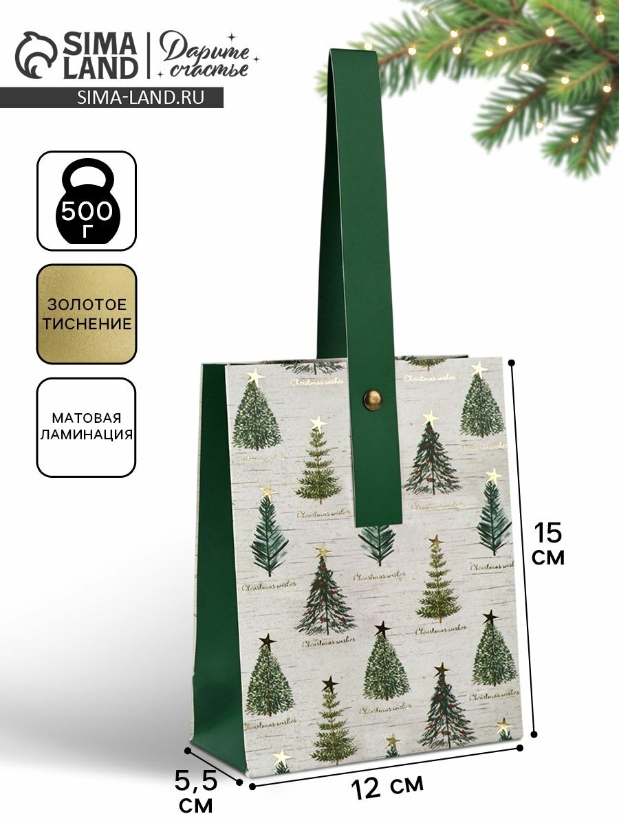 Пакет подарочный новогодний ламинированный "Новогодние мечты", S 5.5 см x 15 см x 12 см, 2 шт.